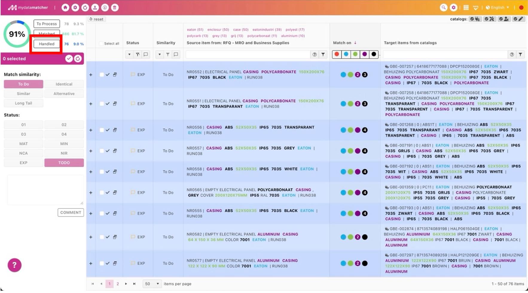 Matching screen explained: handled items